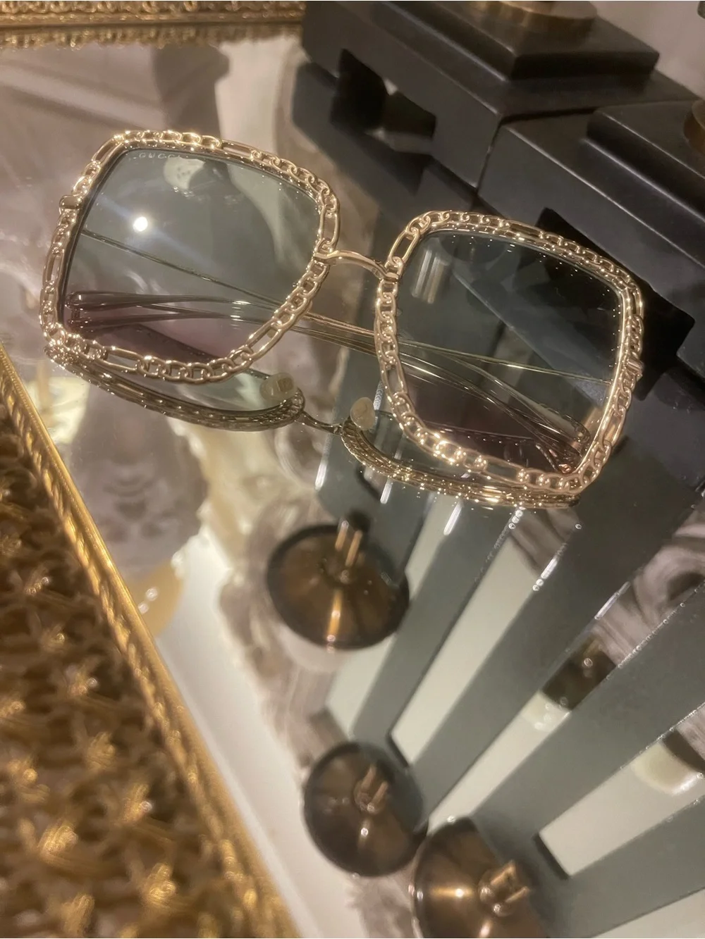 Gucci | Accessories | Gucci Square Gold Chaintrim Sunglasses With Green ...